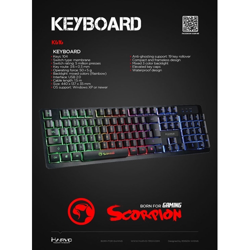 מקלדת SLIM גיימינג מוארת דגם K616 מבית MARVO 296083- P1000